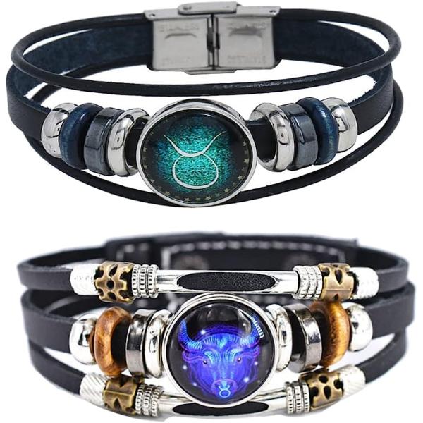 商品名2個 多層星座 レザーブレスレット ハンドメイド 編み星座 ラップ ブレスレット リストバンド レディース メンズ ジュエリー 誕生日ギフト, レザー, ラインストーン,Zodiac Taurus Constellation Brac...