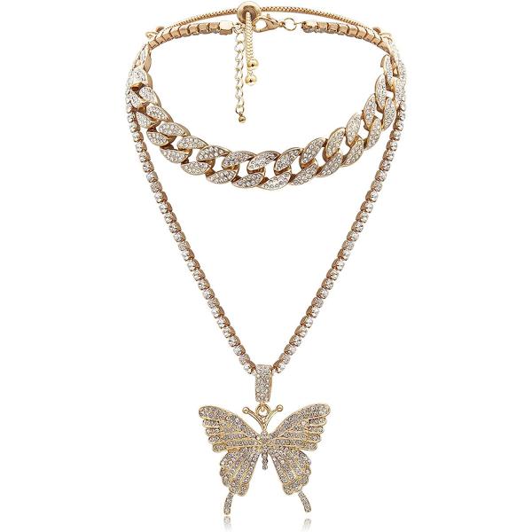 商品名Gilieyer Butterfly Cuban Link Necklace for Women, Hip Hop Gold Crystal Choker Necklace Chain with Bling Bling Rhinest...