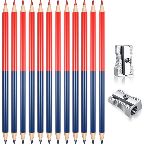 商品名消せる色鉛筆 12本 削り済み グレーディング鉛筆 赤と青のアート鉛筆 ダブルカラーチェックペンシル メタル鉛筆削り2本付き マップカラーテストグレーディング用12 Pieces Checking Pencils Red and Bl...