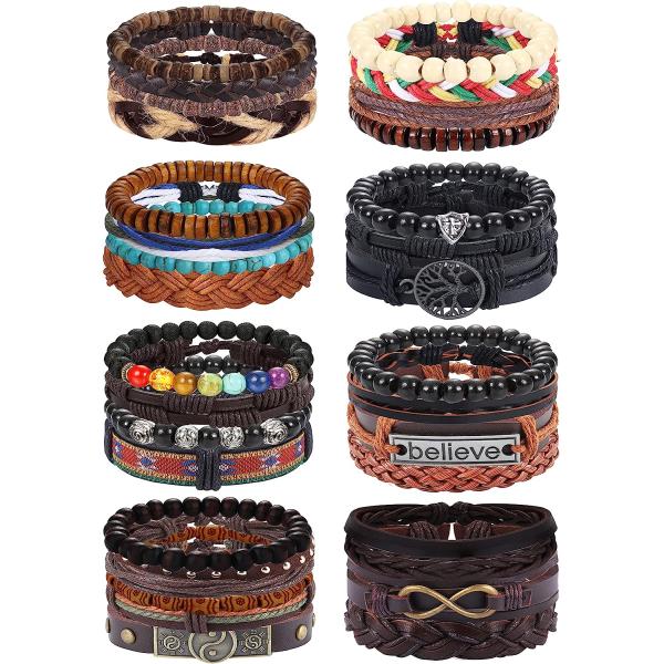 商品名FASACCO 編み込みレザーブレスレット 31個 メンズ レディース 麻紐 部族 エスニック ロープ リストバンド ブレスレット 木製ビーズ カフ ラップ ブレスレット 調節可能 ハンドメイドジュエリー, ステンレス鋼, レザーFA...