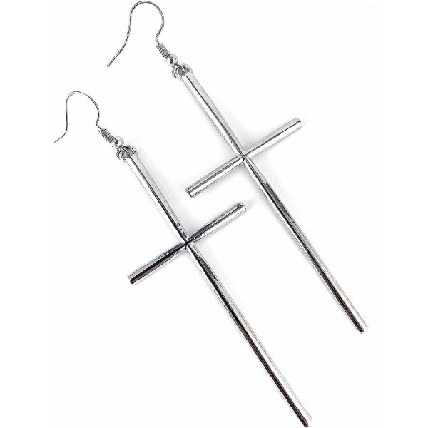 商品名Silver Cross dangle earrings 3 7/8 inches long lightweight big huge cross pendant earrings silver cross,3 7/8inch lon...