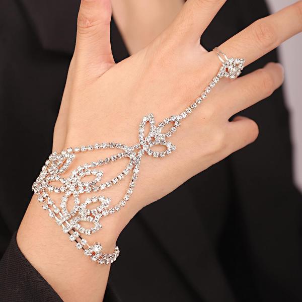 商品名YERTTER 華奢な蓮の花 ラインストーン クリスタル ハンドチェーン スレーブ ハーンスブレスレット フィンガー チェーン バングル ブレスレット シルバー ゴールド ハンドチェーン リング リンク ブレスレット ウェディング レ...