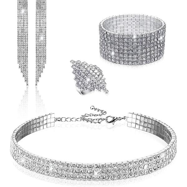 商品名レディース ラインストーン ジュエリーセット ラインストーン ストレッチ ブレスレット バングル クリスタル ラインストーン ネックレス リング ダングル フリンジ イヤリング 女性用 コスチューム ジュエリー ブライダル ジュエリー...
