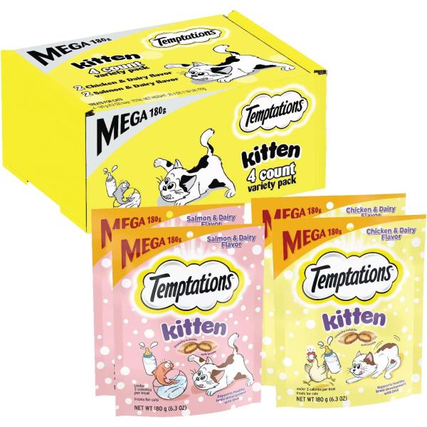 商品名Temptations Kitten Treats, Chicken &amp; Dairy and Salmon &amp; Dairy, Crunchy and Soft Treat, 4-Pack Multipack (6.3 ...