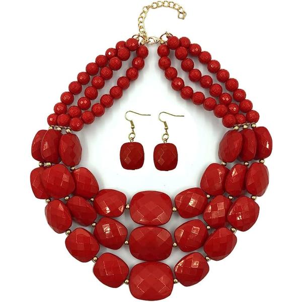 商品名3層ビーズ ステートメントネックレス 女性用 ハンドメイド アクリル レッド ビーズ ネックレス ボーホー チャンキー ネックレス コスチューム ジュエリーMEQNOIG 3 Layered Beaded Statement Neck...