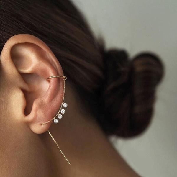 商品名Minimalist Gold Color Long Chain Tassel Earcuff One Pieces Crystal Fake Earrings Jewelry for Women Earcuff Piercing A...