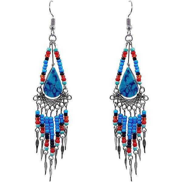 商品名Teardrop Stone Cabochon Multicolored Long Seed Beaded Metal Chandelier Dangle Earrings - Womens Fashion Handmade Jewe...