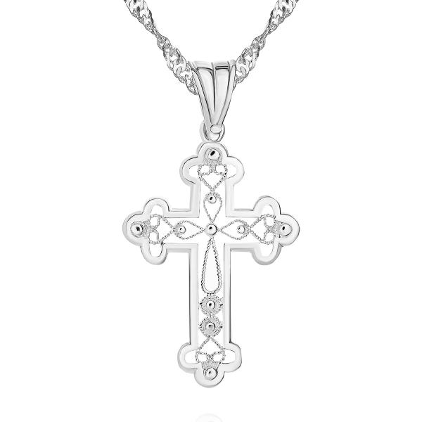 商品名925 Sterling Silver Patterned Motif Stoneless Cross Pendant Religious Pendant Gift Surprise Accessory Jewelry (Chain ...