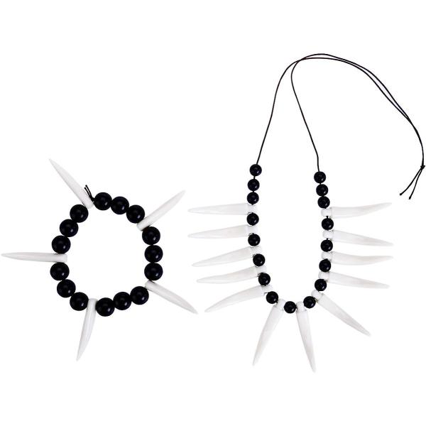 商品名USHOBE Jungle Necklace Caveman Tooth Bone Bracelet Aborigines Costume Colorful Beads Statement Fangs Necklace Cosplay...