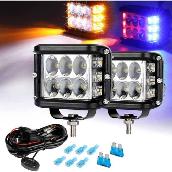 商品名NAOEVO 4 Inch Strobe LED Light Pods, Amber White Blue Red Side Shooter, 6 Modes 60W Off Road Light with Memory Functi...