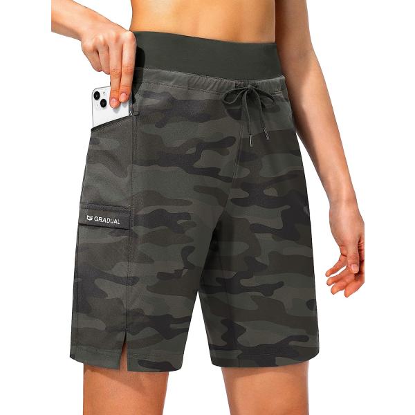 商品名Women's Hiking Long Shorts 9"" Quick Dry Cargo Bermuda Shorts Lightweight Knee Length with Zipper Pockets for Women(G...