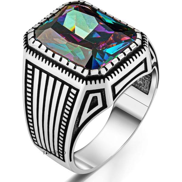商品名ミスティックトパーズ ジェムストーン ストライプ柄 おしゃれ 派手 ハンドメイド 特別デザイン マスターワーク シャイニー 925スターリングシルバー メンズ リング アクセサリー ジュエリー ギフト, 9, ジェムストーン, トパー...