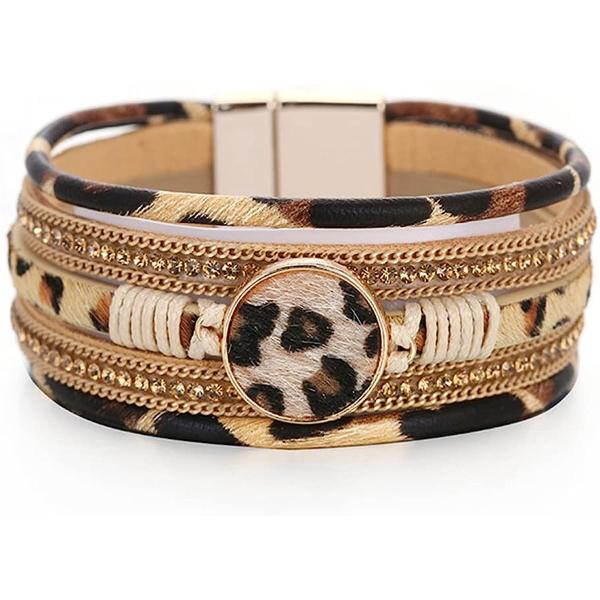商品名LUREME レザー ヒョウ柄 ラップ ブレスレット ラインストーン付き マグネットクラスプ ブレスレット 女性用 (bl003513), 金属, 宝石なし。LUREME Leopard Bracelet for Women, Mul...