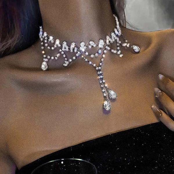 商品名Jeairts Silver Rhinestone Necklace Sparkly Choker Crystal Drop Pendant Necklaces Glitter Party Prom Jewelry Accessori...