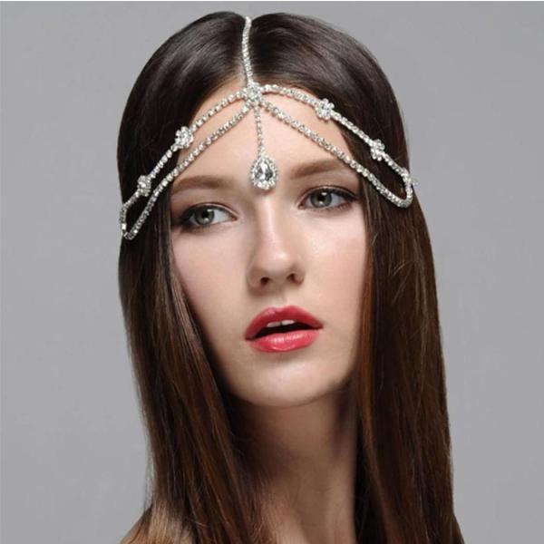 商品名Aularso Rhinestone Head Chain Layerd Headpiece Silver Forehead Hair Jewelry Wedding Water Drop Pendant Headband for W...