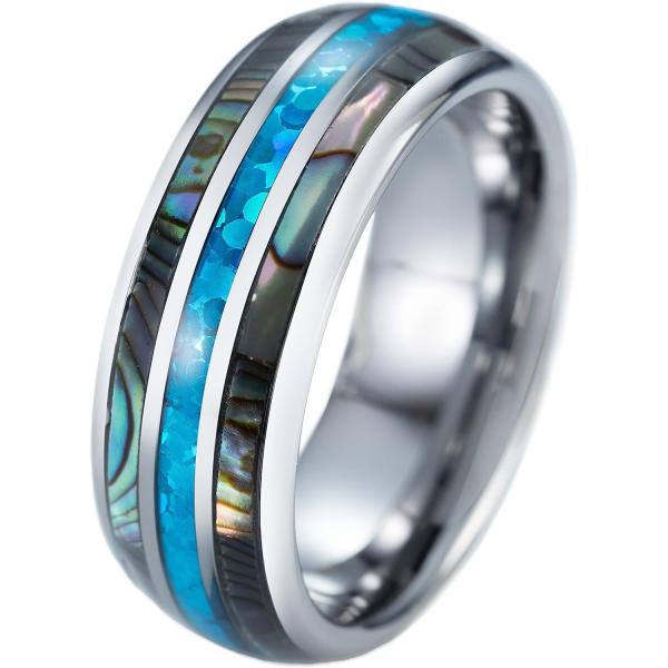 商品名Aloha Jewelry Company Tungsten Carbide Abalone Shell with Created Blue Opal Inlay 8mm Comfort Fit Ring/Wedding Band (...