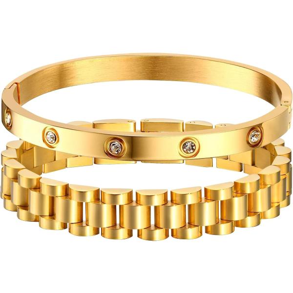 商品名MPRAINBOW 2pcs Gold Chain Link Bracelet - Stainless Steel Love Cubic Zirconia Crystal Friendship Bracelet Bangle,Watc...