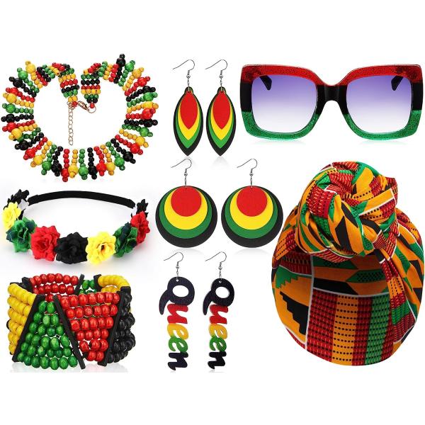 商品名11個 レディース Juneteenth ジュエリーセット アフリカンクイーン 木製ダングルイヤリング ジャマイカ ラスタ ビーズ ブレスレット ネックレス ブラック レッド グリーン イエロー フラワー クラウン ヘッドバンド スク...