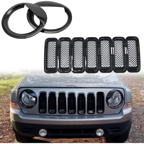 商品名ABS Bezels Front Light Headlight Cover Angry Bird Style &amp; Mesh Grille Grill Insert Kit Trim For Jeep Patriot Acce...