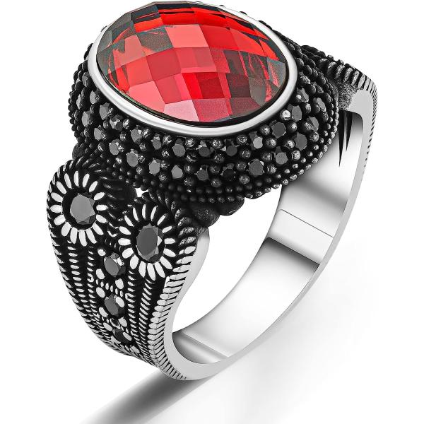 商品名925 Sterling Silver Oval Red Zircon Stone Embellished Mini Stone Embroidered Spectacular Special Design Authentic Men...