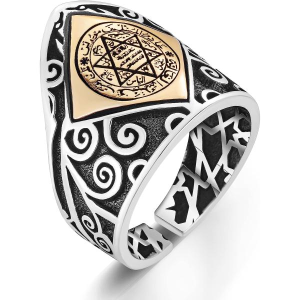 商品名925 Sterling Silver Seal of Sultan Suleiman Patterned Handmade Adjustable Stylish Men's Ring Accessory Jewelry Gift (...