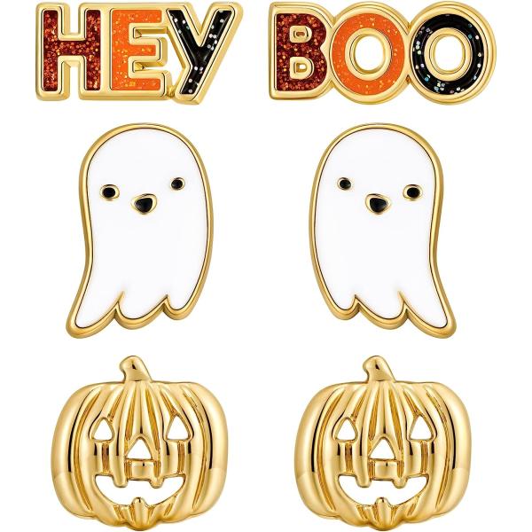 商品名INNERDIVA 6個 ゴールド文字 ホワイトゴースト シルバー パンプキン スタッドピアス ステートメントイヤリング メンズ レディース ガールズ, ステンレス鋼, ゴールドストーンINNERDIVA Halloween Earr...
