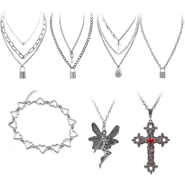 商品名7pcs Alloy Pendant Necklaces Silver Eboy Egirl Chains Statement Long Multilayer Punk Choker（12 Layer）ブランド：Sinvini商品サイ...