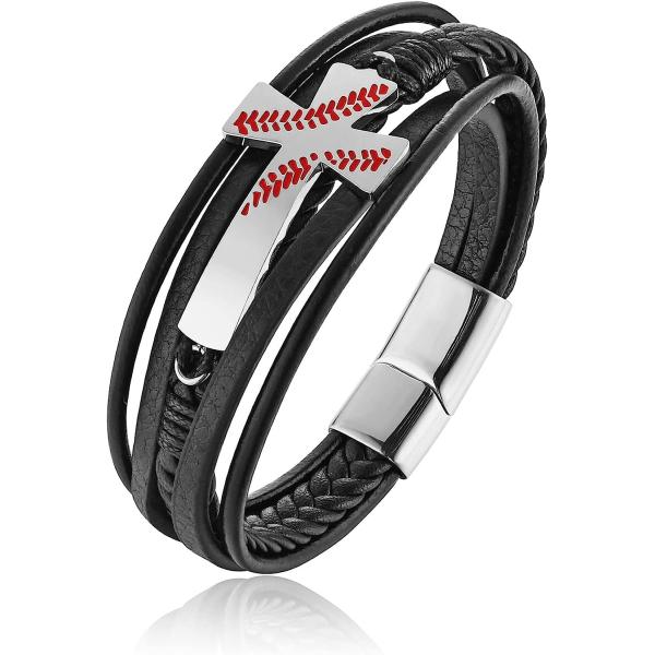 商品名HZMAN レザーブレスレット メンズ ステンレススチール 野球 クロスバングル 本革ラップ 編み込みカフブレスレット マグネットクラスプ付き, レザー, 宝石なし。HZMAN Leather Bracelet for Men Sta...