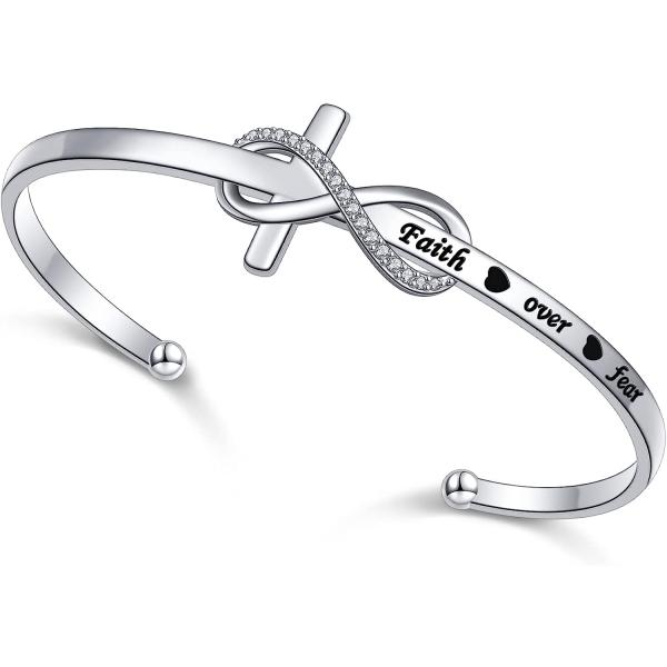 商品名925スターリングシルバー 永遠の神の愛 刻印 Faith Over Fear Heart クロスチャーム カフバングル ブレスレット 宗教的なギフト 女性 娘 ティーン ガールフレンドに, キュービックジルコニア925 Sterli...