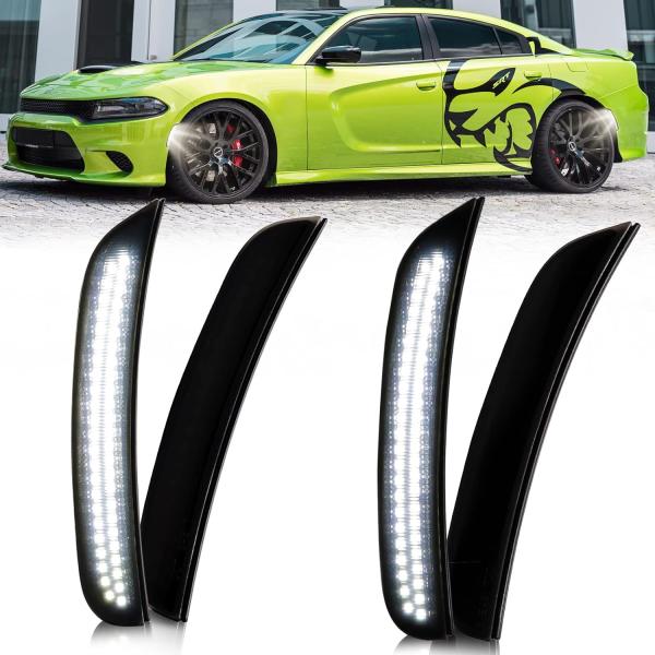 商品名FetonAuto ホワイトLEDサイドマーカーライト ダッジチャージャー2015-2022用 スモークレンズ フロントリアバンパーライト デュアルローチップ付き ピュアホワイトLED充電器サイドマーカー フェンダーパーキングランプF...