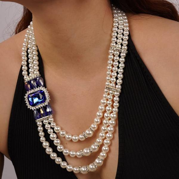 商品名Aimimier 1920s 3-Strand White Faux Pearl Necklace and Earrings Set Royal Blue Crystal and Rhinestone Chunky Collar Bi...