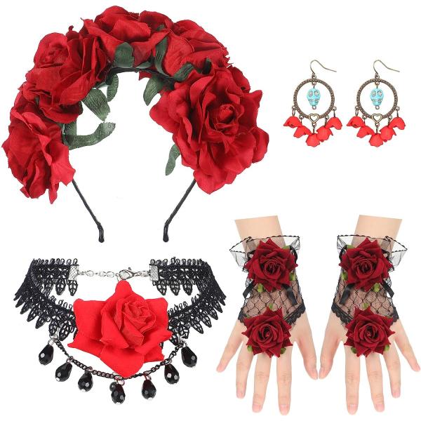 商品名EBOOT 4 Pcs Day of the Dead Costume Accessory Kit Mexican Flower Crown Headband Black Lace Gothic Pendant Choker Neck...