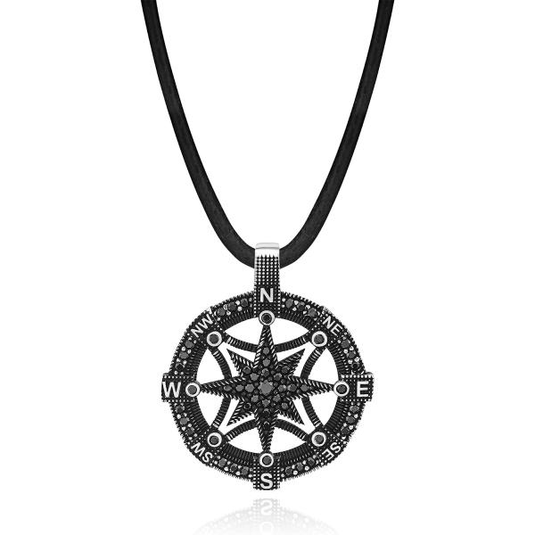 商品名925 Sterling Silver Genuine Leather Rope Micro Black Zircon Stone Compass Model Stylish Flamboyant Master Work Men's ...