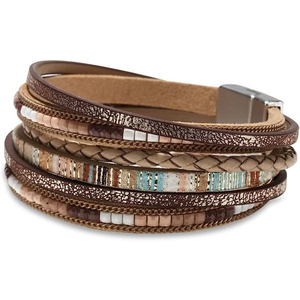 商品名Fesciory Leather Wrap Bracelets for Women, Boho Leopard Multi-Layer Crystal Beads Cuff Bracelet Jewelry(Boho Braid(Br...