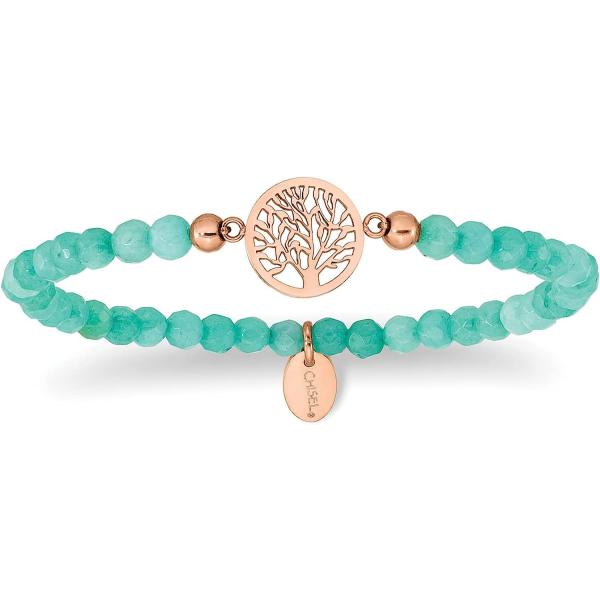 商品名4.2 mm Stretch Mint Jade Beads with Chisel Stainless Steel Rose Tone Charm and Centered Tree of Life Pretty Braceletブ...
