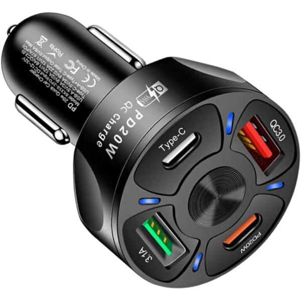 商品名車用充電器アダプター 4ポート USB 高速カーチャージャー QC3.0/PD20W/Type-c/2.1A スマートシャントカー電話充電器 iPhone 14 13 12 Pro Max/すべてのスマートフォンに対応 (ブラック)C...