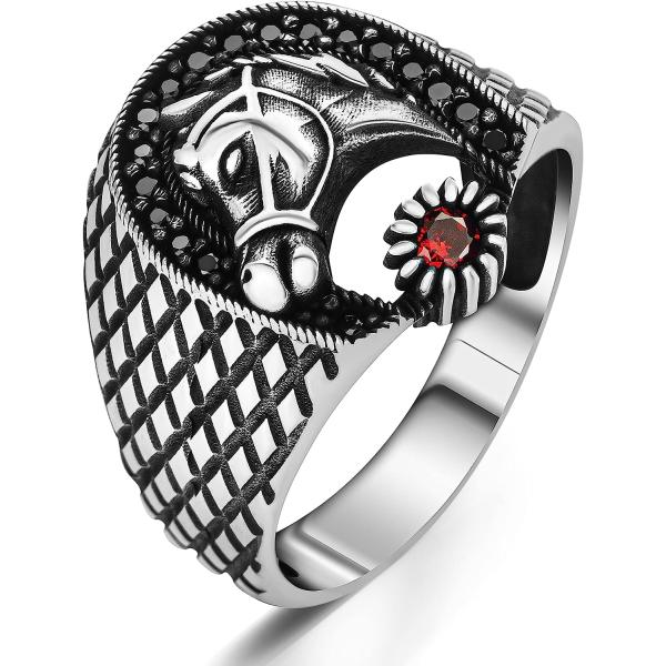 商品名Horseshoe Model Mini Red Zircon Stone Embellished Horse Head Patterned Special Design 925 Sterling Silver Men's Ring ...