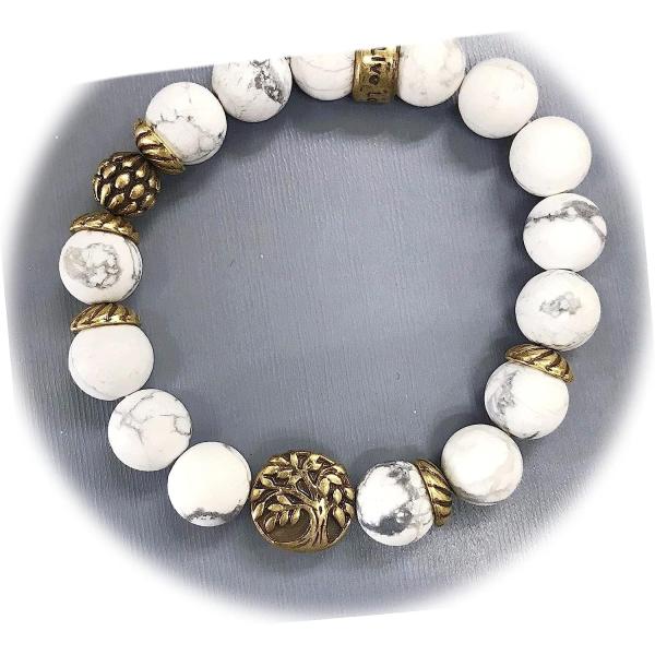 商品名New Gold Finished Tree of Life White Turquoise Stones Stretchable Bangle Bracelet Pendant Charm for Women TR-4278LPブラ...