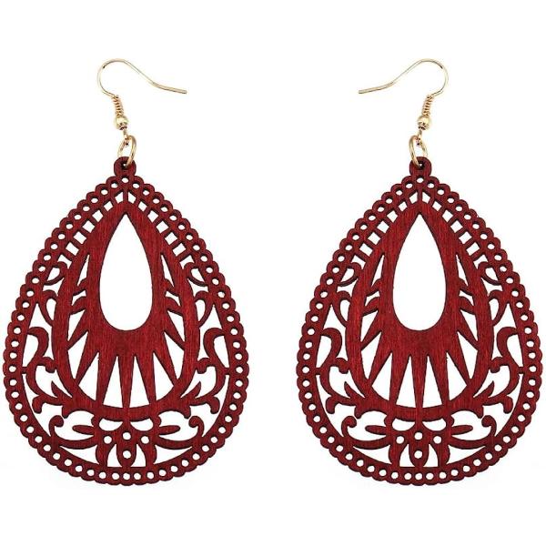 商品名ハンドメイド ボーホー 木製イヤリング レディース ガールズ ホローアウト 天然木 ティアドロップ ダングルイヤリング 軽量 エスニック アフリカン ステートメントジュエリー, 亜鉛, 宝石なし。Handmade Boho Woode...