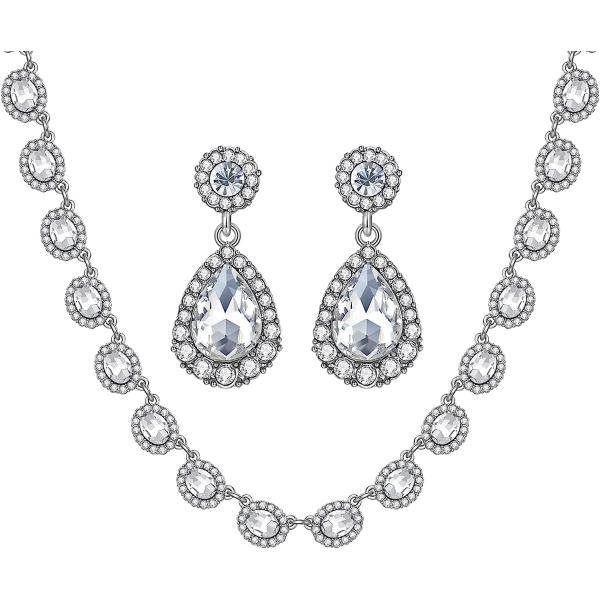 商品名INNERDIVE ラグジュアリー クリスタル ブライダル ウェディング ジュエリーセット ラインストーン チョーカー ネックレス ジュエリーセット シルバーネックレスとダングルイヤリング 花嫁介添人の女の子への理想的なギフト, 亜鉛...