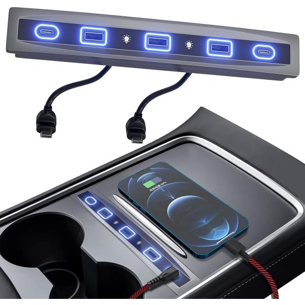 商品名5 in 1 USB LEDハブ Tesla 2021 2022 Model 3 Model y用 センターコンソールスマートセンサーのドッキングステーション アップグレードアクセサリー5 in 1 USB LED Hub fit f...