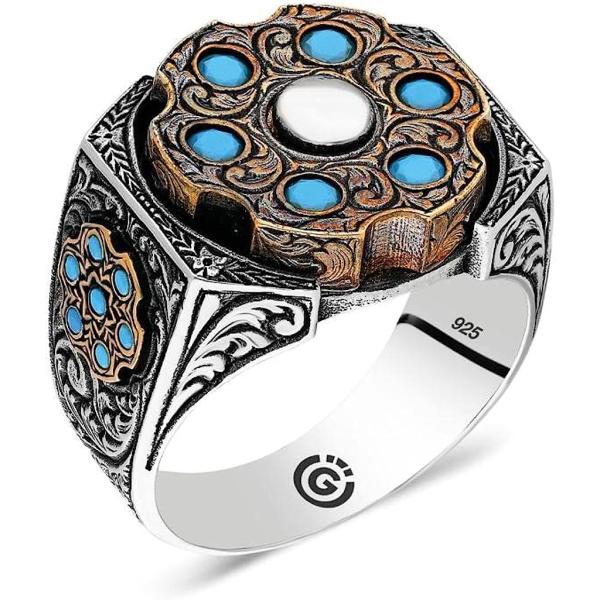 商品名925 Sterling Silver Turquoise Stone Stress Wheel Model Handmade Authentic Traditional Craftsman Men Ring Accessory Je...