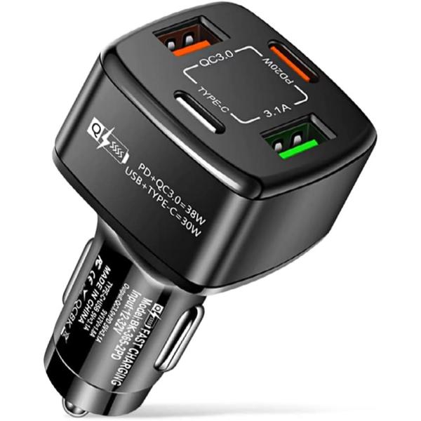 商品名車用充電器アダプター [アップグレード] 4ポート USB高速車載充電器 QC3.0/PD20W/Type-C/3.1A LEDライトディスプレイ iPhone 14 Pro Max/13 Pro/XS/XR S23 すべてのスマート...