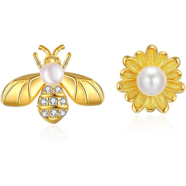 商品名925スターリングシルバー スタッドピアス レディース ハチピアス デイジー 非対称 18Kゴールドメッキ スタッドピアス レディース ガールズ, スターリングシルバー, キュービックジルコニア+パールBee Earrings and...