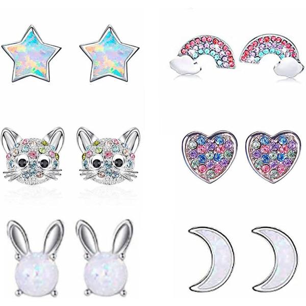 商品名Felson かわいいスタッドイヤリングセット シルバーメッキ オパールストーン 星 うさぎ 月 ラインストーン レインボー 猫 ハートイヤリング レディース ガールズ 友情 誕生日 ジュエリー ギフト 6個パック, 亜鉛, 宝石なし...