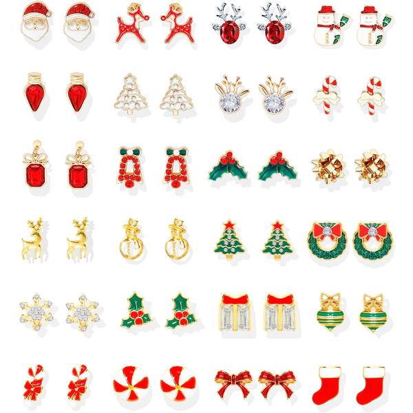 商品名24 Pairs Christmas Earrings Set for Women Tree Snowflake Gift Box Snowman Stocking Santa Claus Elk Stud Earrings Flam...