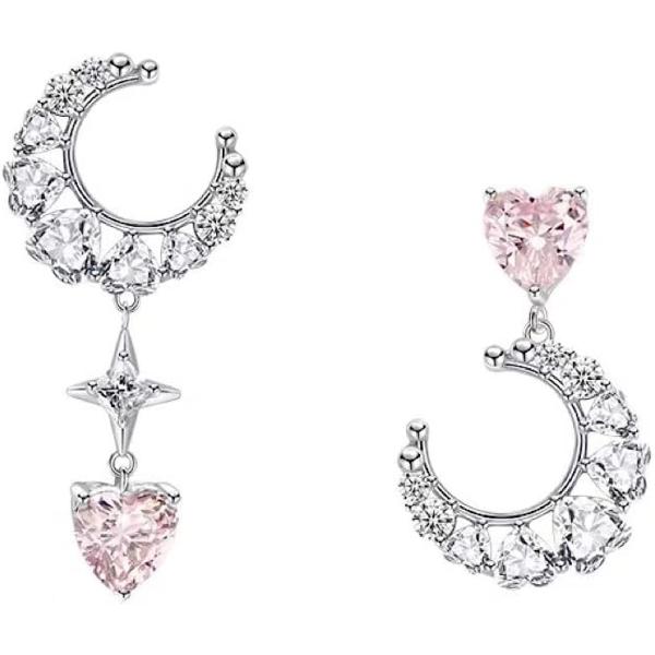 商品名UniLogue スタームーンスタッドピアス ジルコンインレイ、曲線美のムーンスタッドイヤリング ピンクジルコンジェムストーンインレイハートドロップイヤリング ミニマリスト コモン ラグジュアリー非対称スタイル 女性/女の子へのギフト...