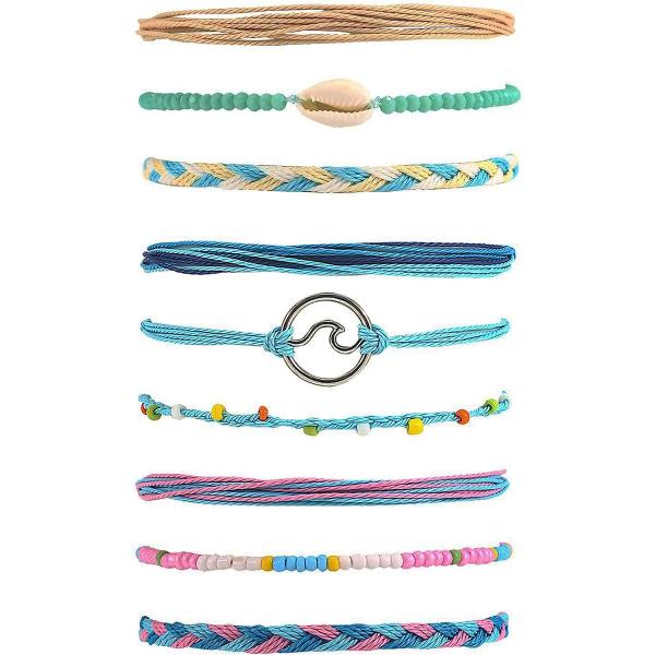 商品名9ピース ウェーブブレスレット レディース ウェーブアンクレット カラフル ハンドメイドブレスレット 編組ストリングブレスレット レディースアンクレットブレスレット 調節可能なブレスレット アンクレット ジュエリーギフト レディース ...