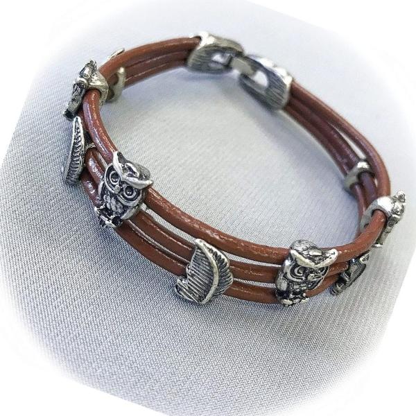 商品名Accessory Brown Faux Leather Silver Color Color Owls and Feather Charms Wrist Bangle Bracelet Pendant Charm Set for W...