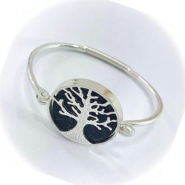 商品名Accessory Matte Silver Color Finished Tree of Life Design Circle Black Stone Bangle Bracelet Pendant Charm Set for Wo...